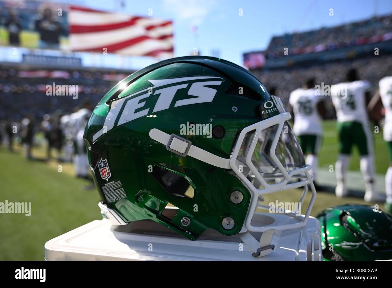 A New York Jets helmet is viewed on the sideline before an NFL football ...