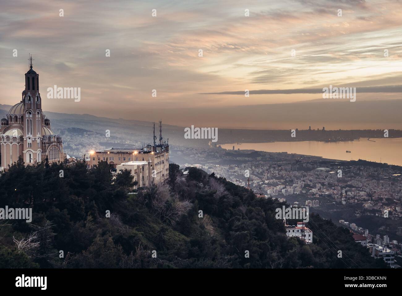 Aerial view with Basilica of Saint Paul in Harissa town in Lebanon ...