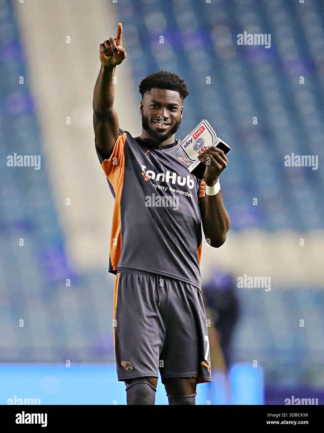 Patrick Agyemang of Derby County celebrates with his player of the ...