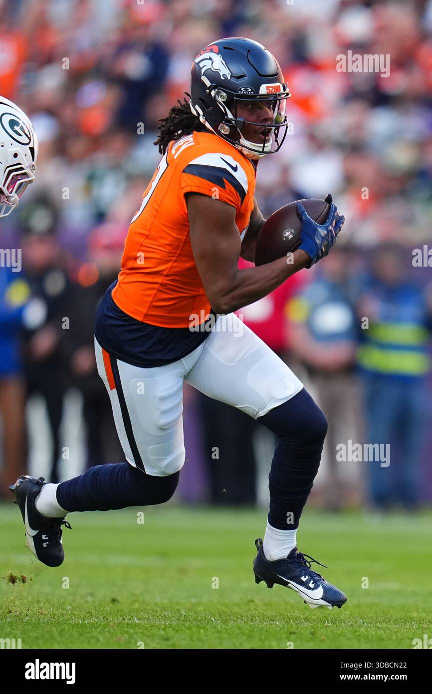 Denver Broncos wide receiver Lil'Jordan Humphrey runs against the Green ...