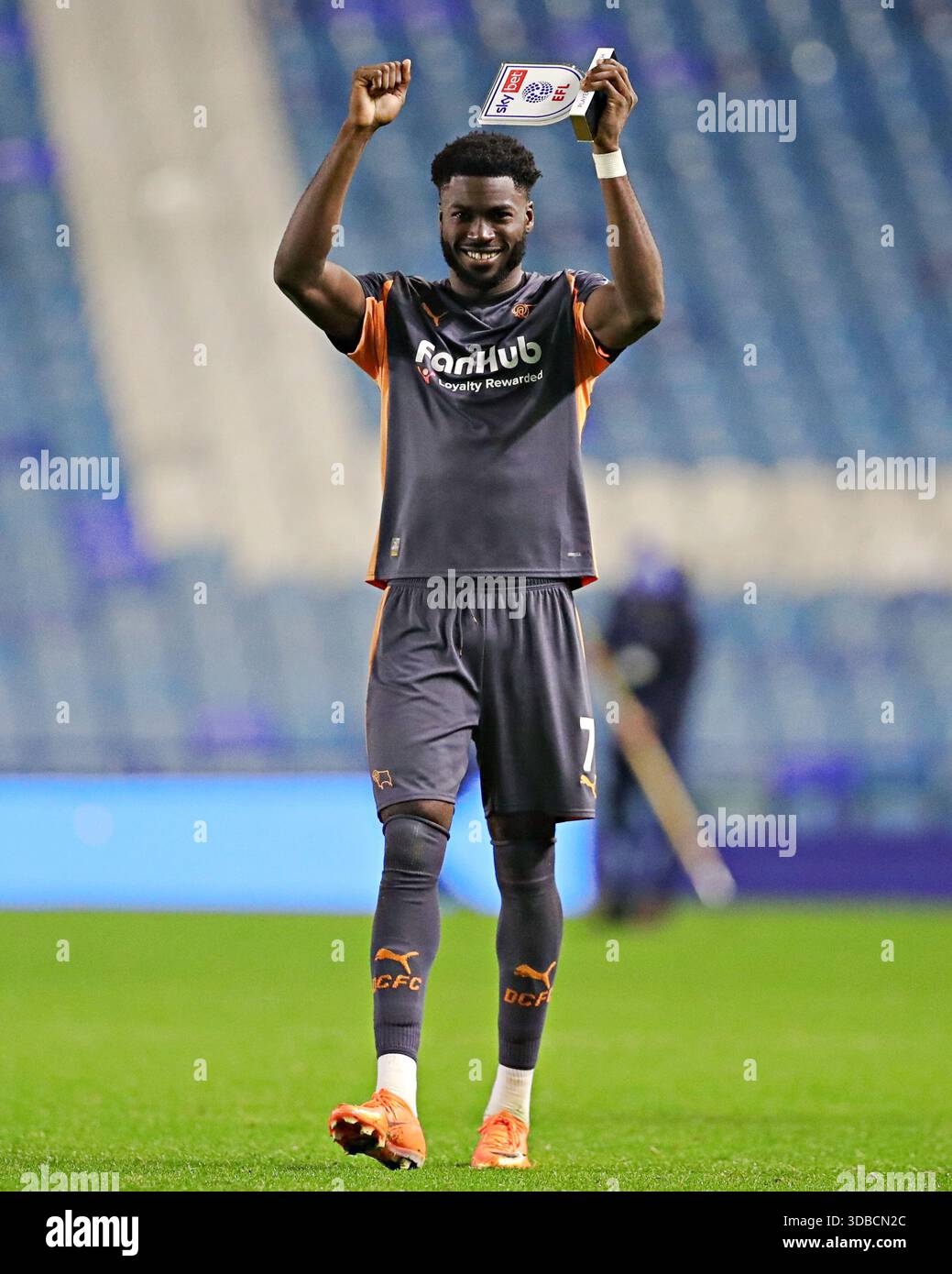 Patrick Agyemang of Derby County celebrates with his player of the ...
