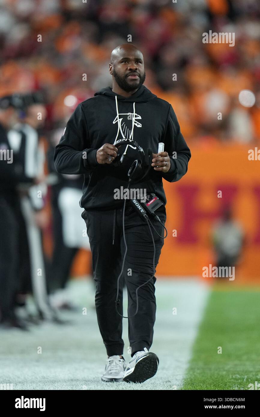 Atlanta Falcons secondary coach Justin Hood walks the sidelines during ...
