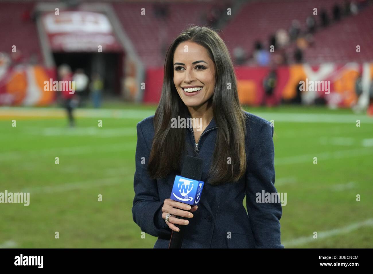 NFL sidelines reporter Kaylee Hartung reports to the camera following ...