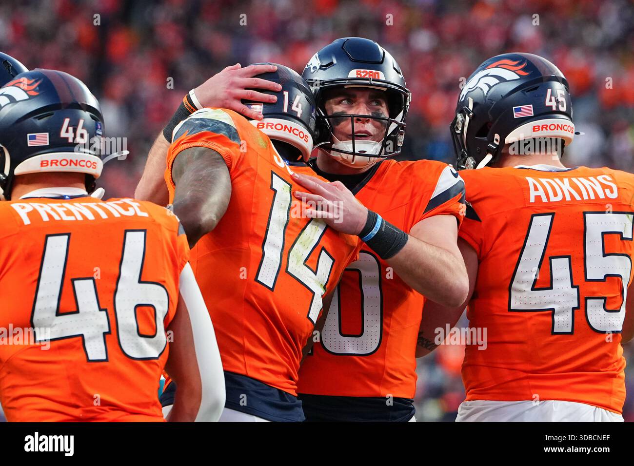 Denver Broncos quarterback Bo Nix (10) celebrates a touchdown pass with ...