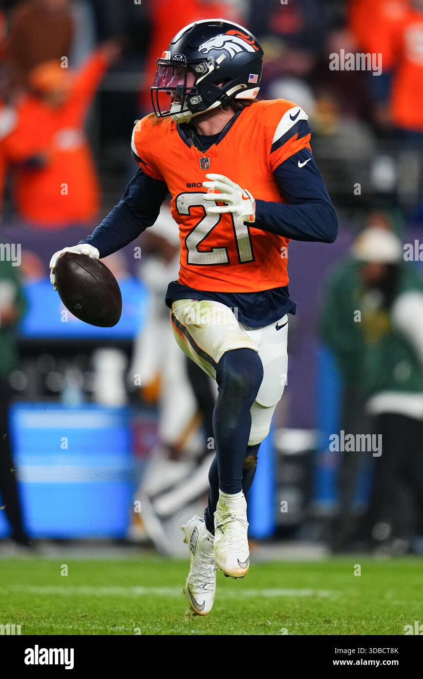 Denver Broncos cornerback Riley Moss (21) celebrtaes an interception ...