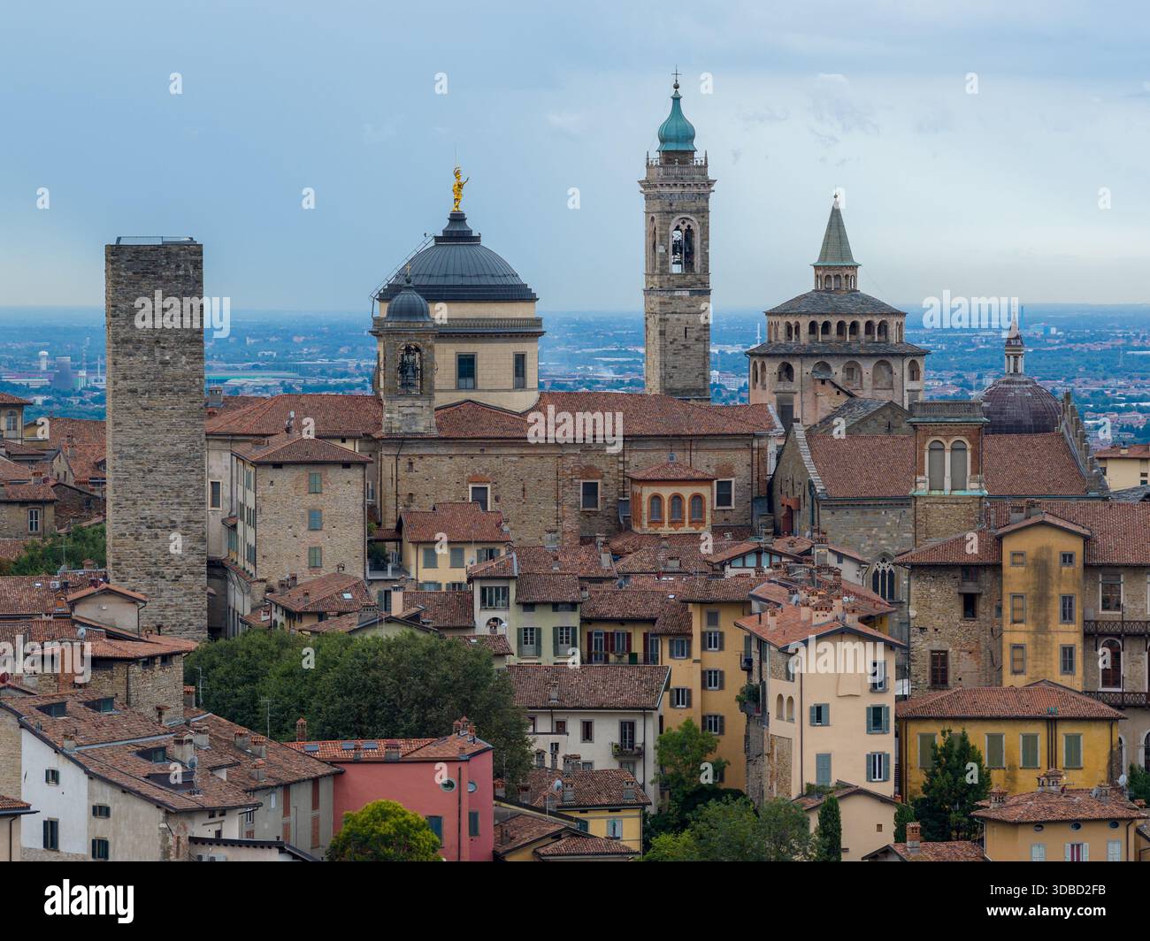 Aerial view of Bergamo Città Alta with medieval stone towers ...