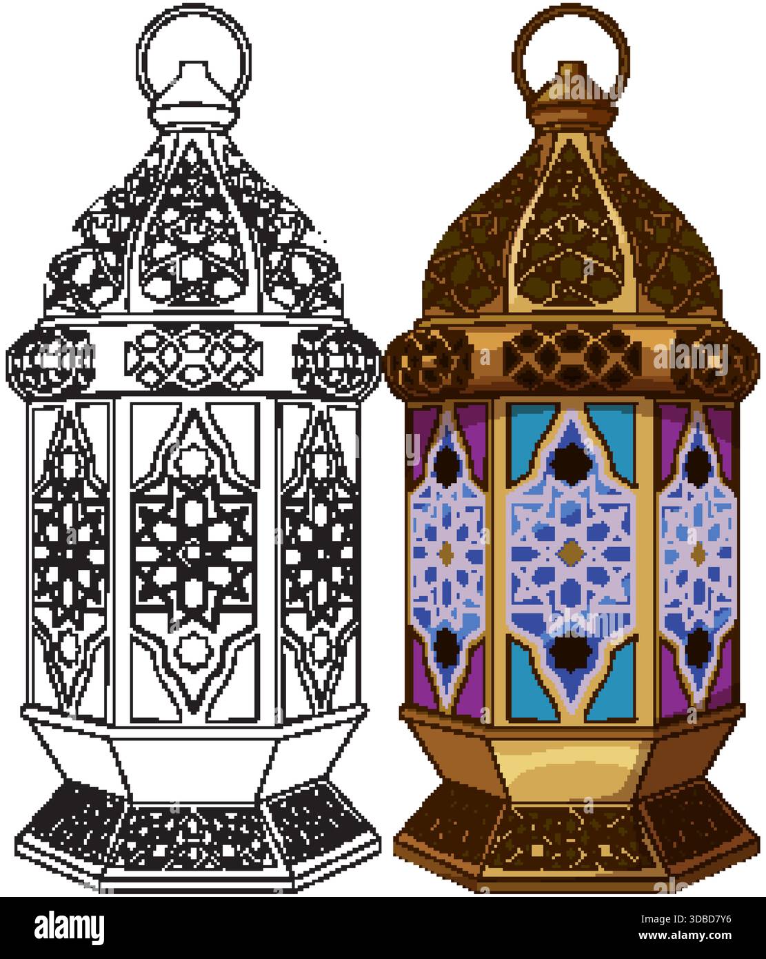 Intricate Middle Eastern lantern in color and outline, geometric ...