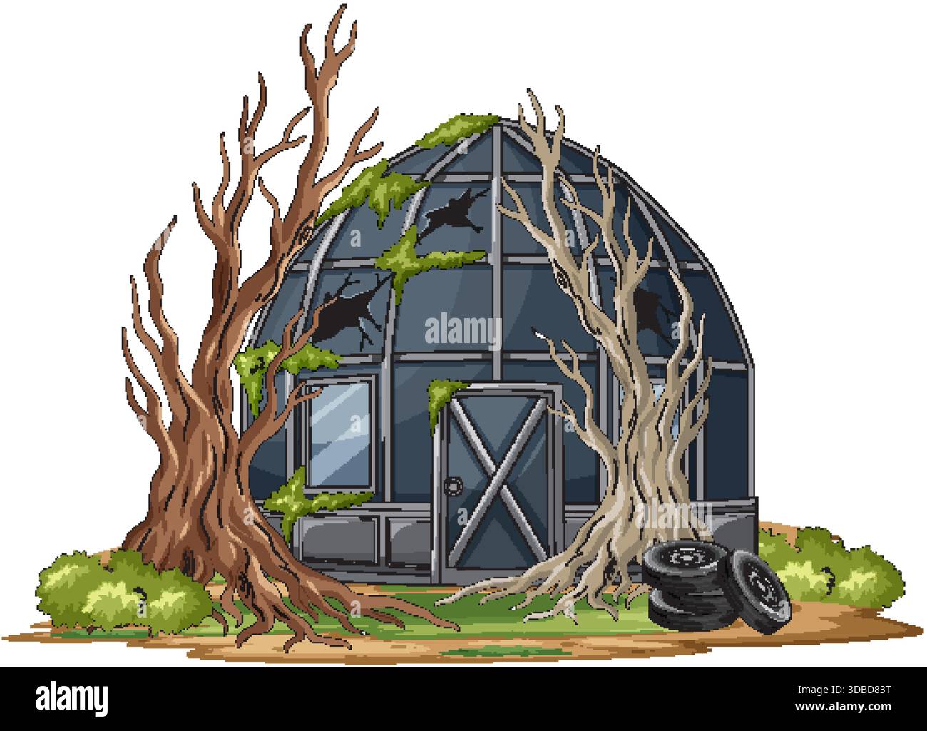 Post-apocalyptic glass dome house with broken windows, dead trees ...