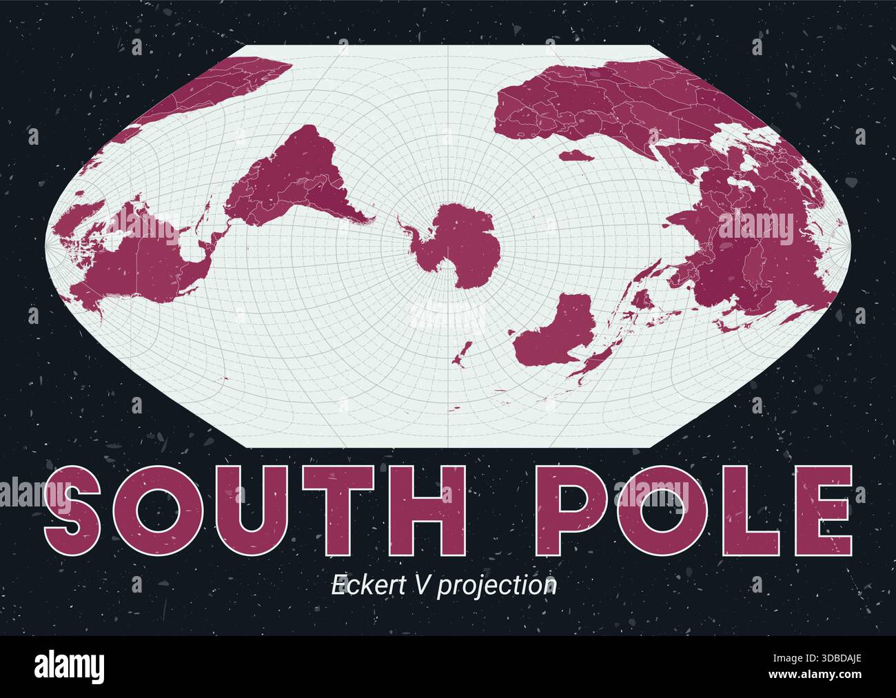 South Pole. World map. Eckert V projection centered to South Pole. Pale ...