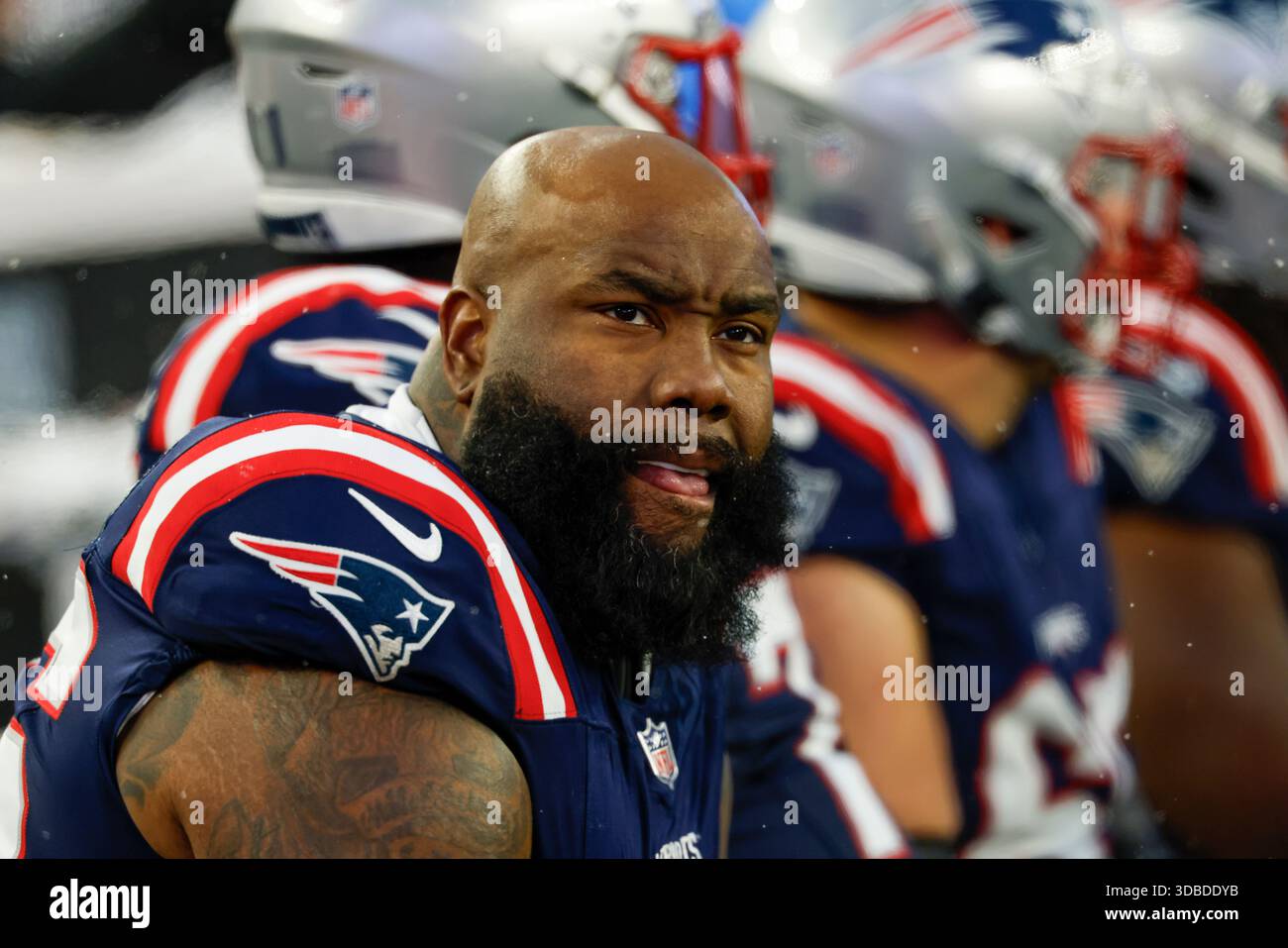 New England Patriots offensive tackle Morgan Moses (76)reacts during ...