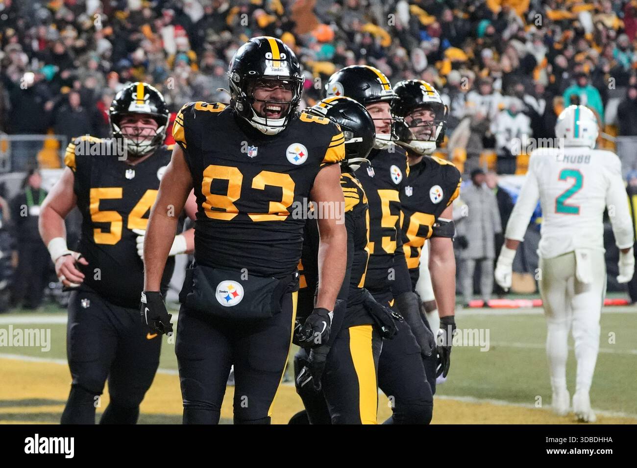 Pittsburgh Steelers' Connor Heyward (83) celebrates his touchdown run ...