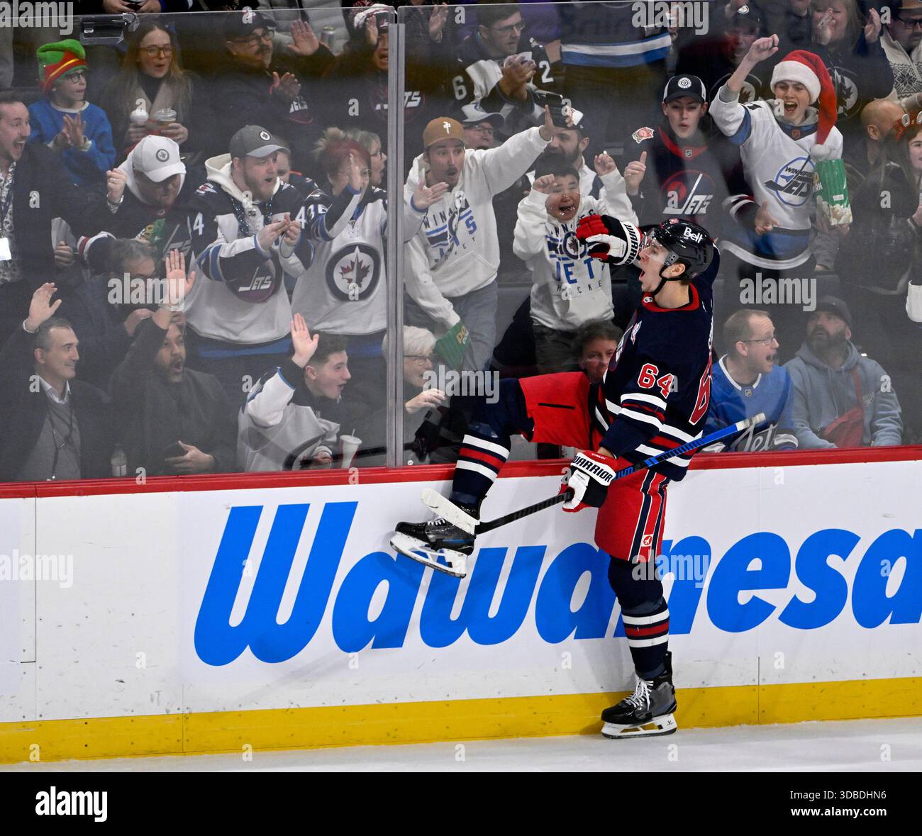 Winnipeg Jets' Logan Stanley (64) celebrates after his goal against the ...