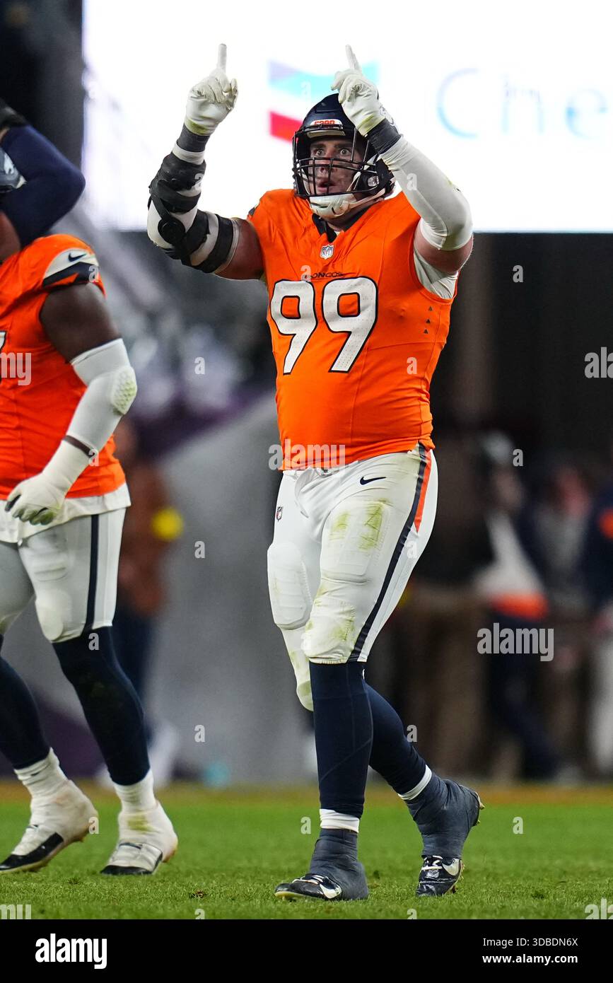Denver Broncos defensive end Zach Allen (99) celebrates a stop against ...