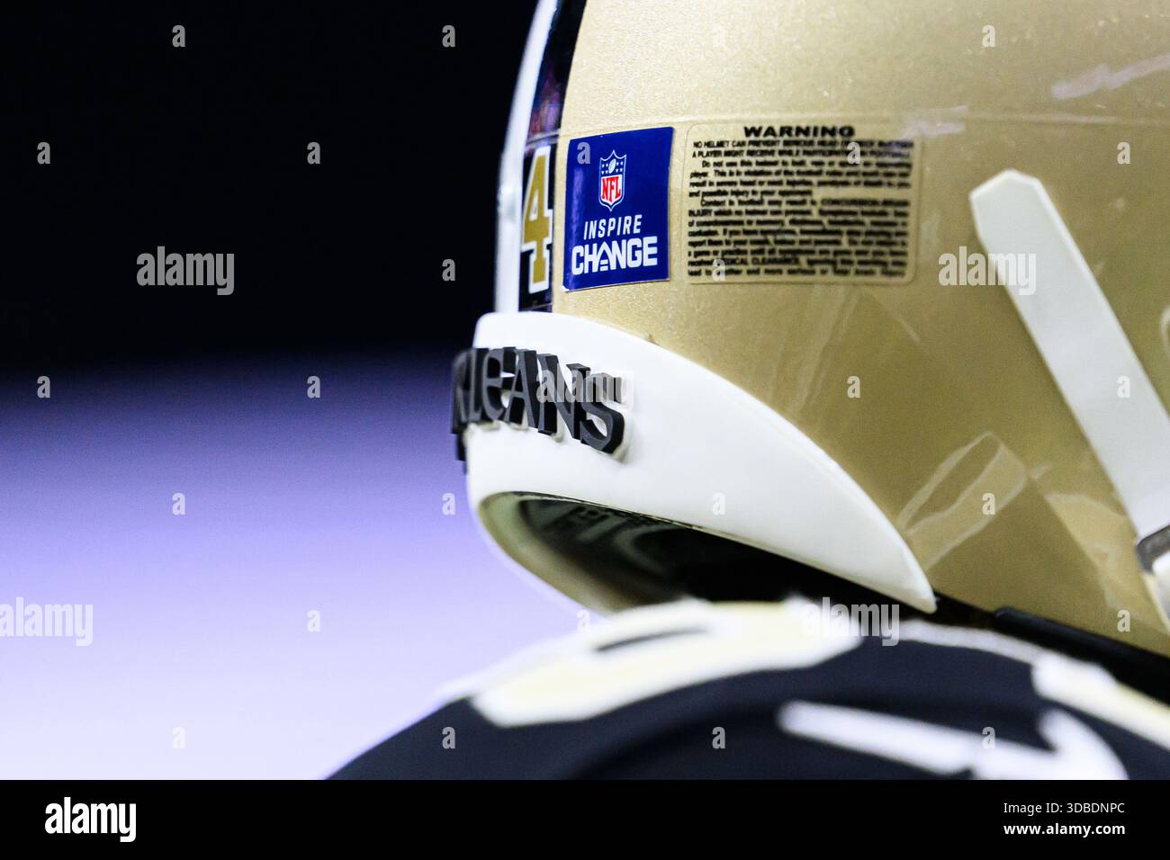 The Inspire Change logo on a New Orleans Saints helmet during pregame ...
