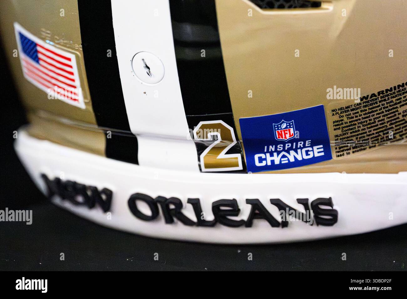 The Inspire Change logo on New Orleans Saints helmet during halftime of ...