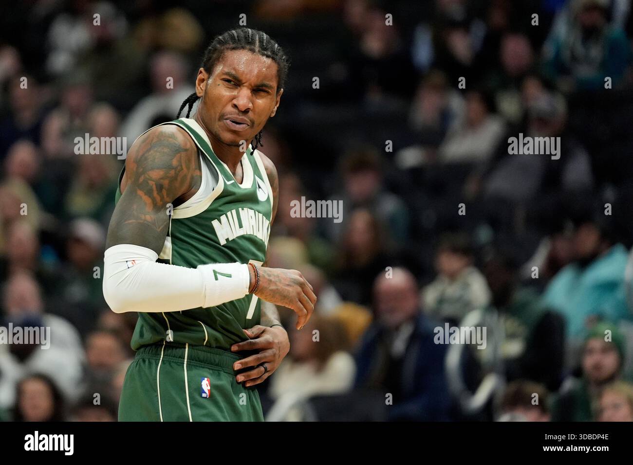 Milwaukee Bucks' Kevin Porter Jr. reacts during an NBA basketball game ...