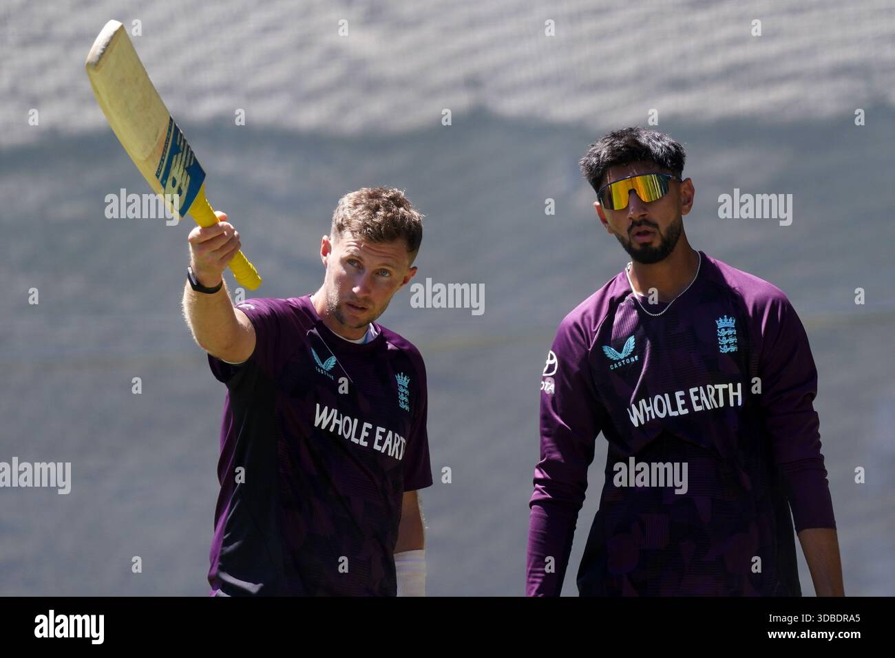 England’s Joe Root and Shoaib Bashir talk during a nets session at the ...