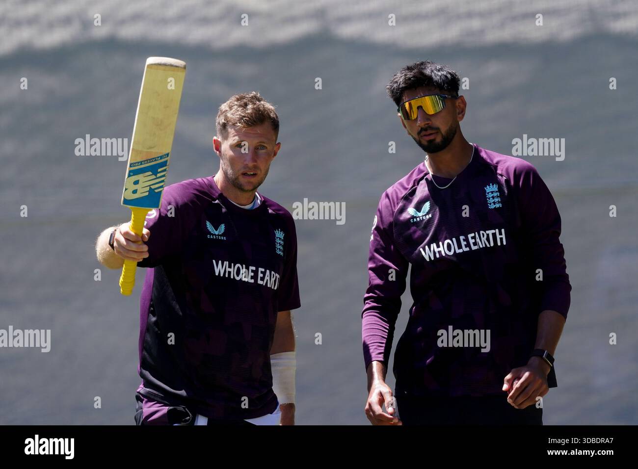 England’s Joe Root and Shoaib Bashir talk during a nets session at the ...