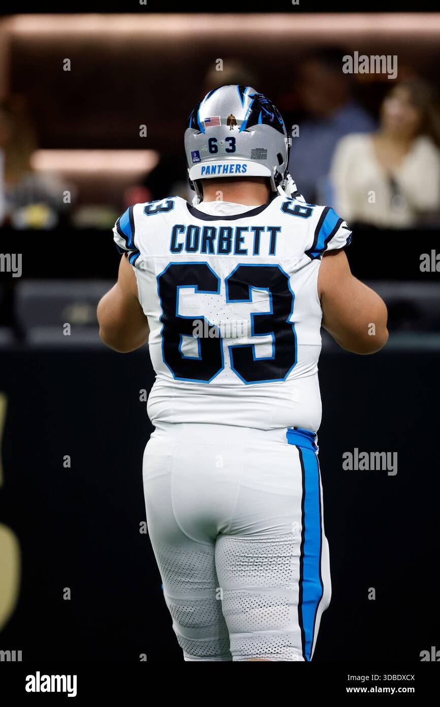 Carolina Panthers center Austin Corbett warms up before an NFL football ...