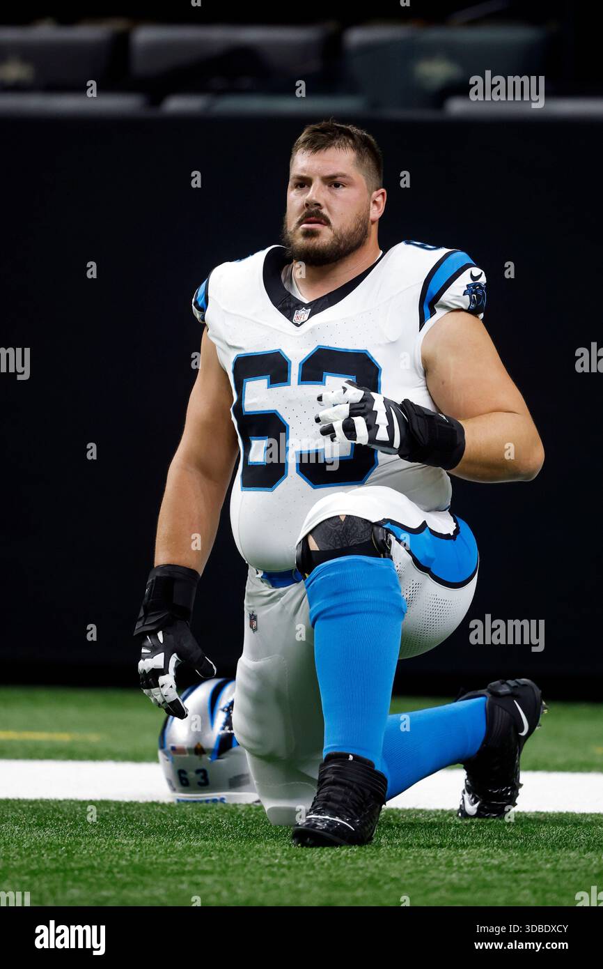 Carolina Panthers center Austin Corbett warms up before an NFL football ...