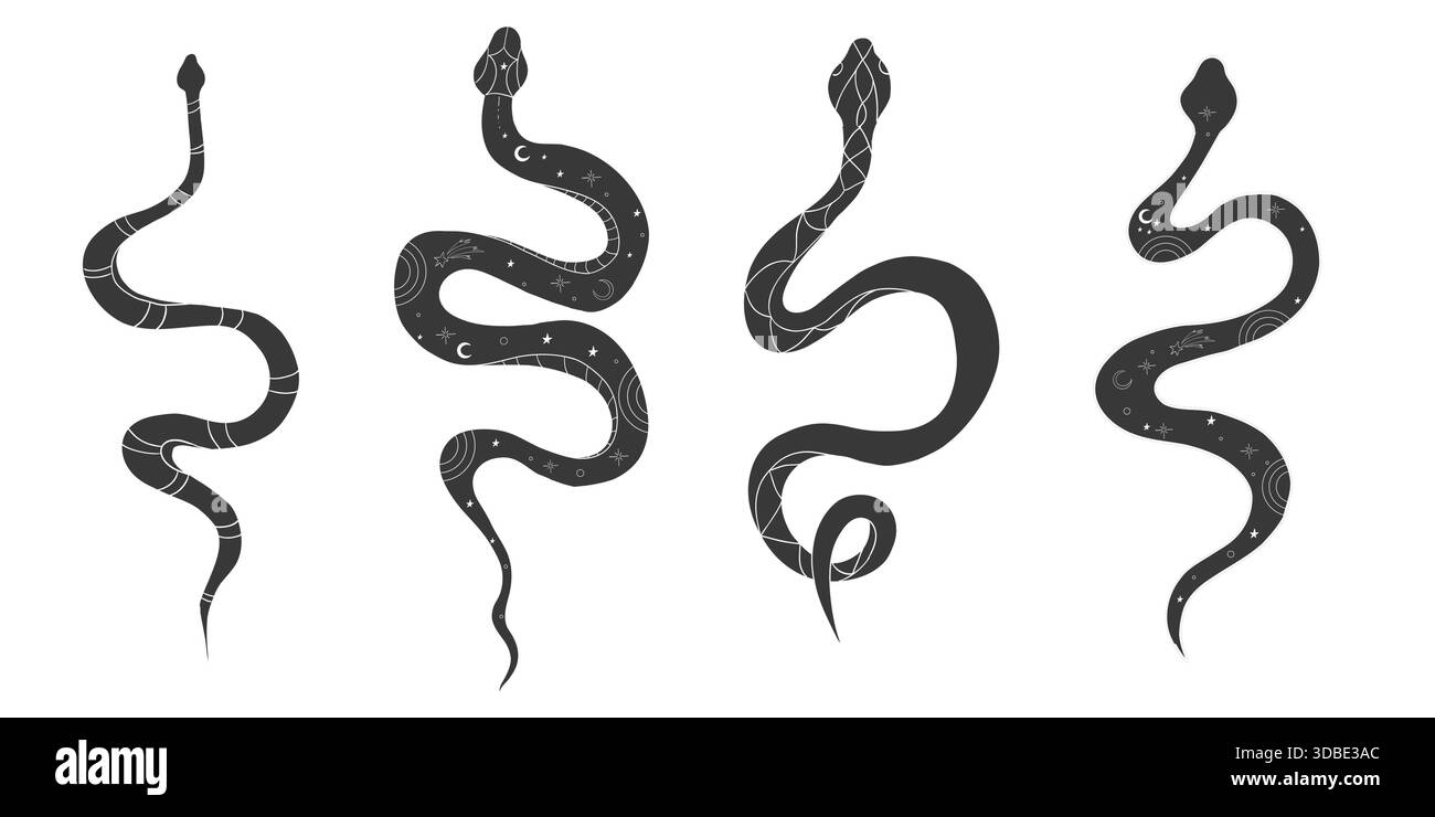 Celestial set kundalini snake magic line tattoo. Boho mystic snake with ...