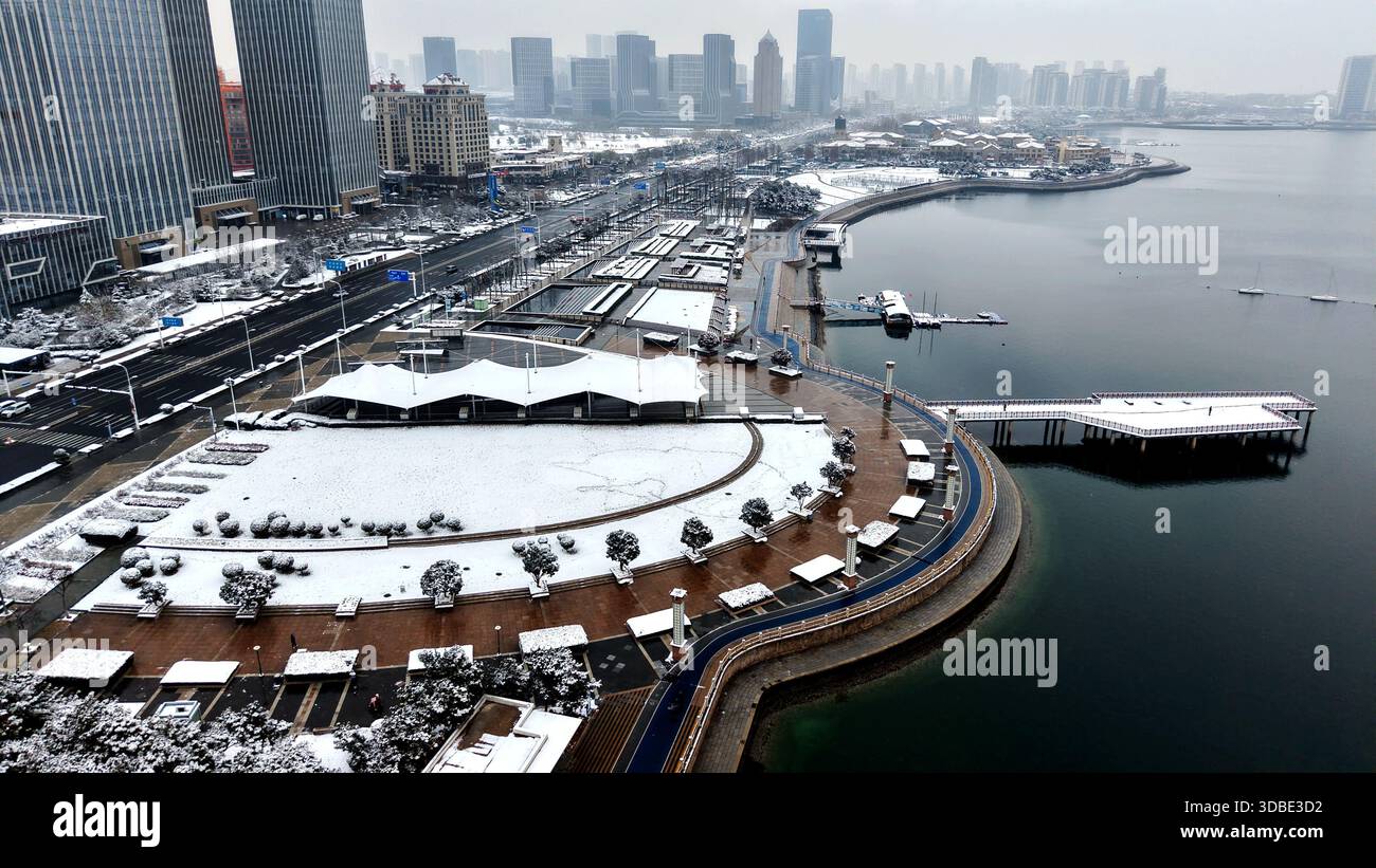 Aerial photo shows the snow scenery at the Tangdao Bay in Qingdao City ...