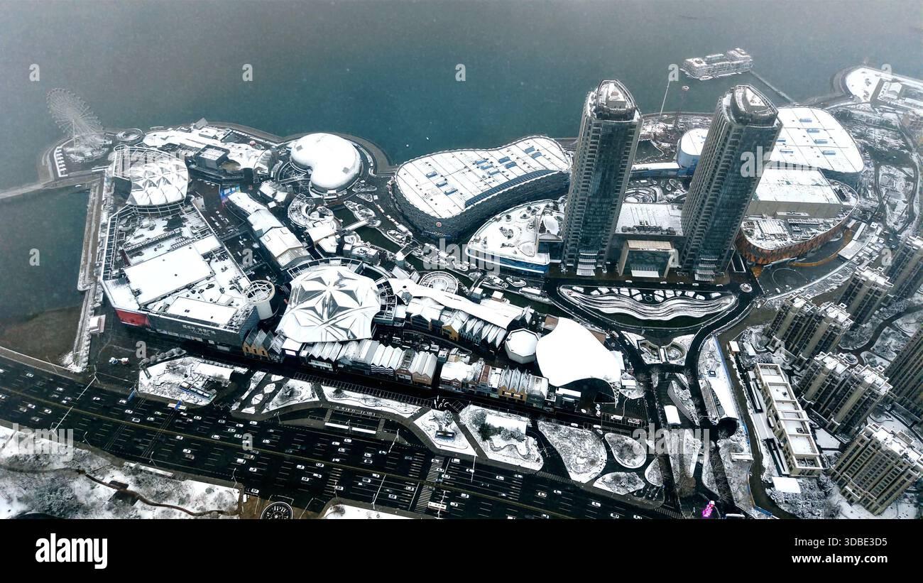 Aerial photo shows the snow scenery at the Tangdao Bay in Qingdao City ...