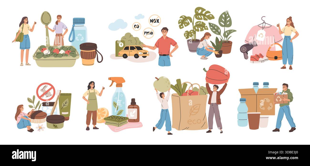 People choosing waste free products. Reusable packaging, electric ...