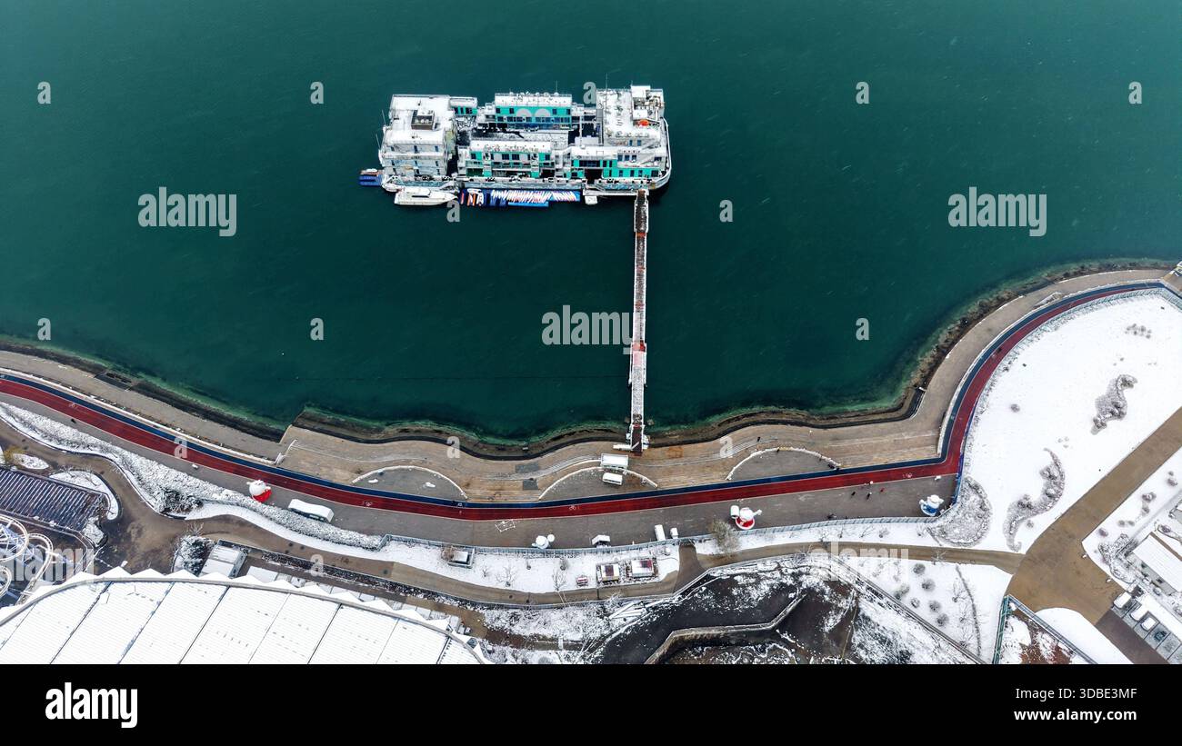 Aerial photo shows the snow scenery at the Tangdao Bay in Qingdao City ...