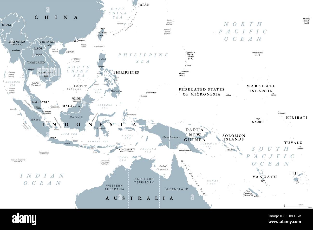 Southeast Asia, Melanesia, and Micronesia, gray political map ...