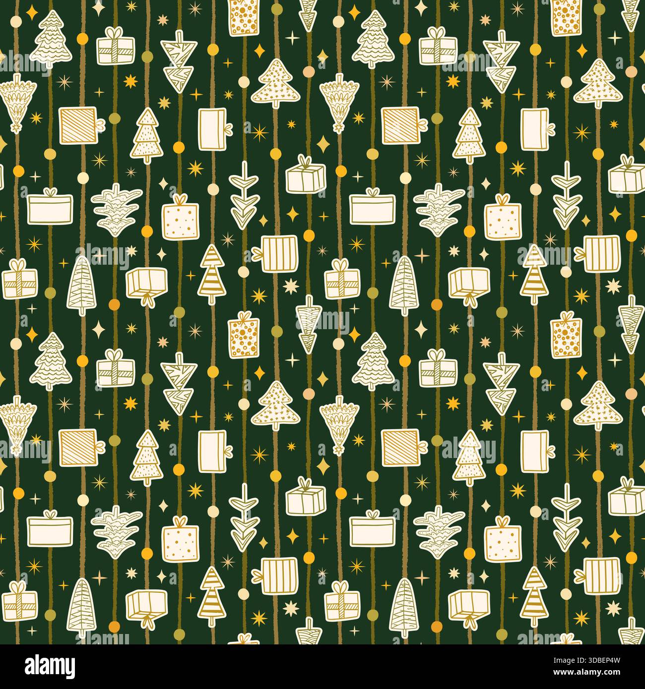 Elegant Christmas vector seamless pattern with gift boxes, trees, dots ...