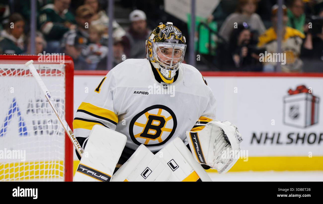 Boston Bruins goaltender Jeremy Swayman (1) watches the play during the ...