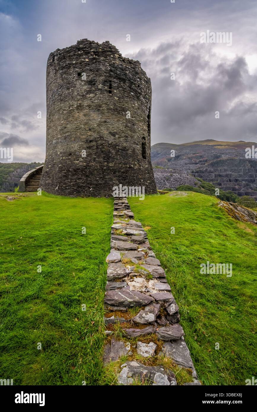 Dolbadarn Castle standing above stone foundations and grassy earthworks ...