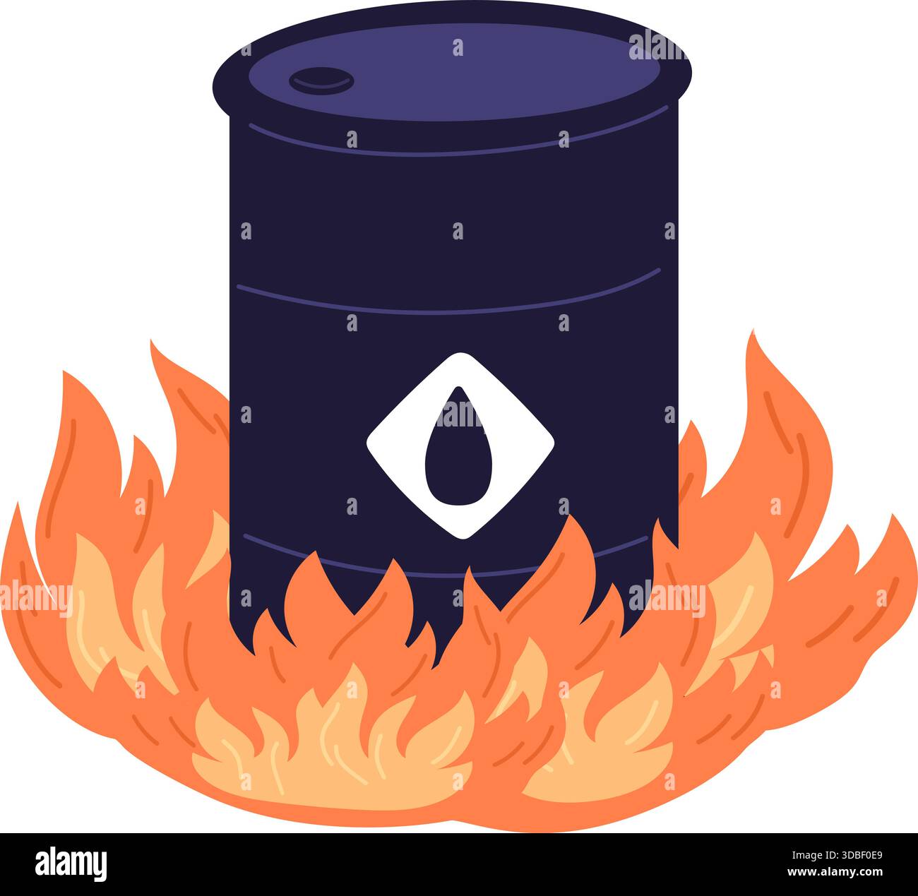 Black metal barrel of oil on fire. Ignition of petroleum products. Gas ...