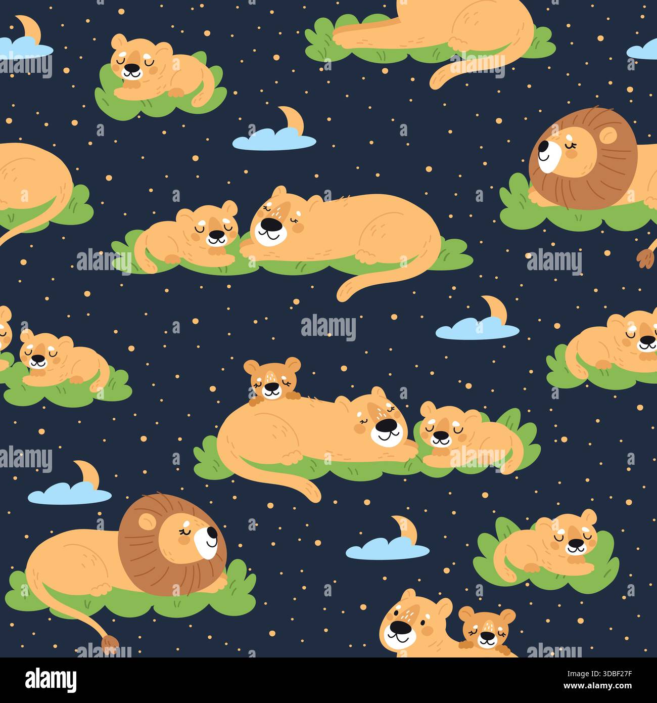 Cute sleeping lions and little cubs. Resting wild animals. Savannah ...