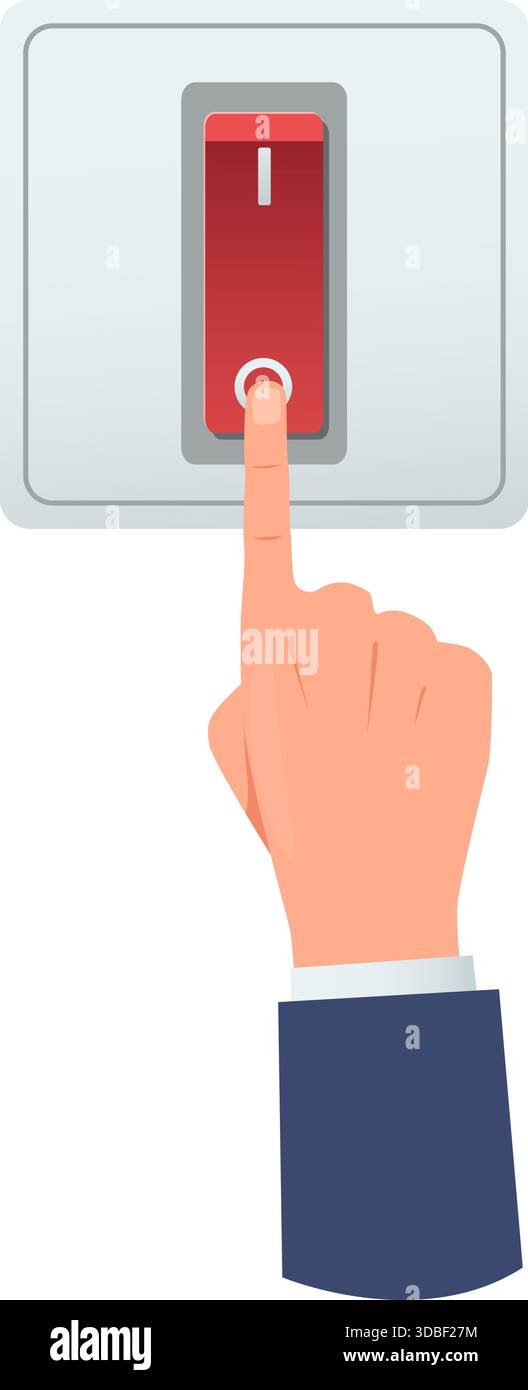 Hand presses switch with its finger. Turning electricity on and off ...