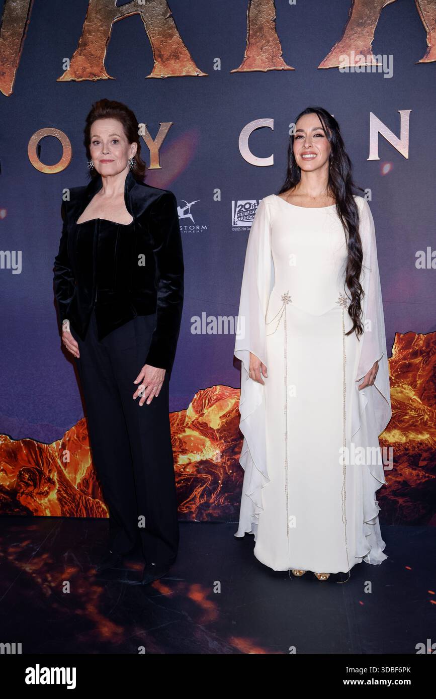 Sigourney Weaver and Oona Chaplin attend Avatar: Fire and Ash Mexico City Premiere on December ...