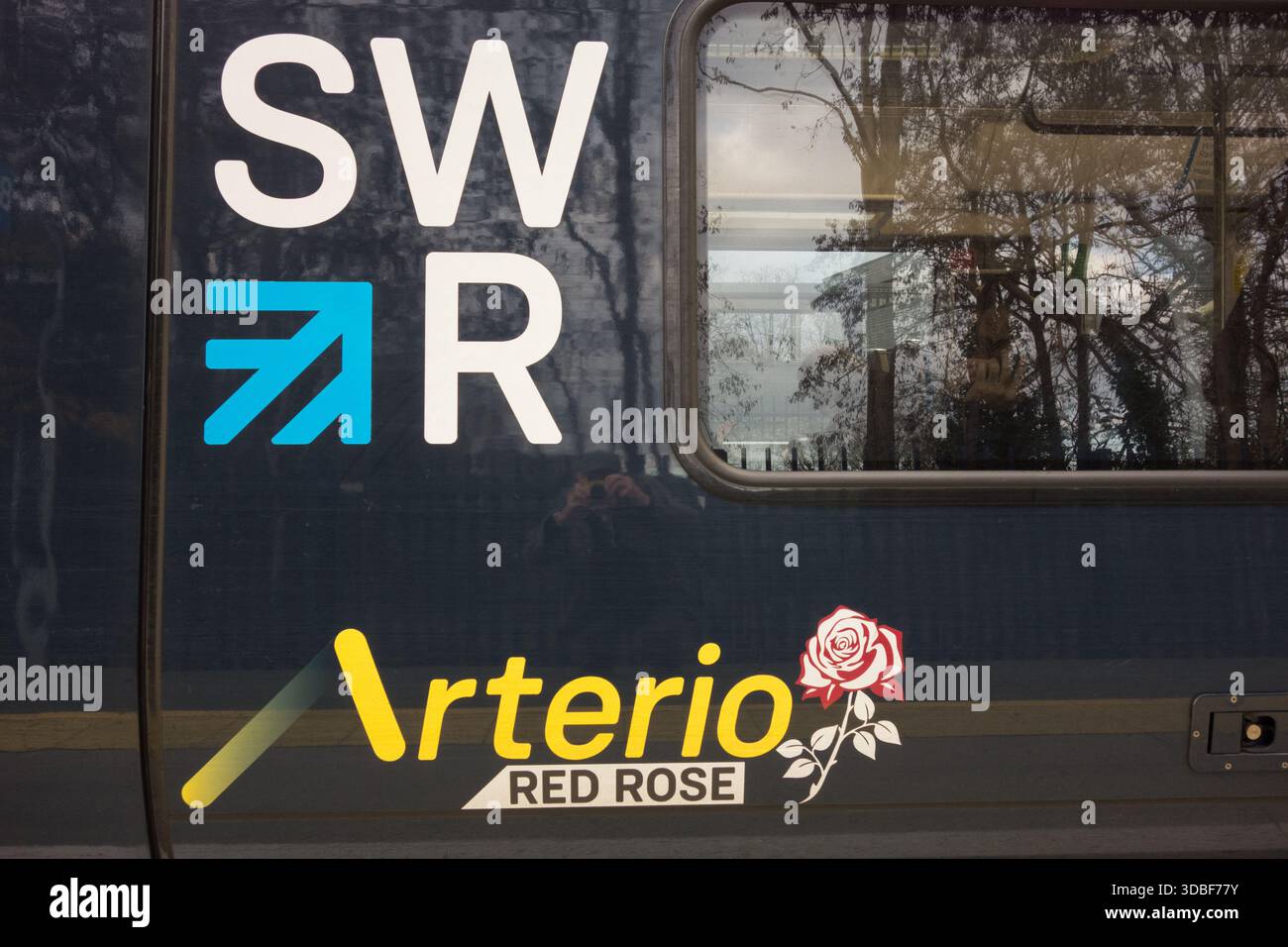 Closeup of a South Western Railway (SWR) Arterio Red Rose carriage and ...