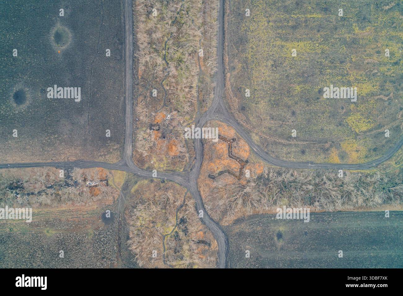 Top-down aerial view of a complex military trench system serving as a ...
