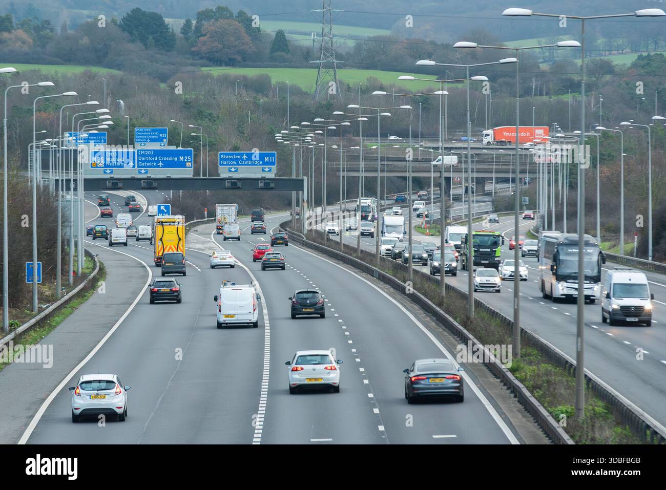 Traffic on the M11 in Epping, Essex, UK, heading north towards M25 exit ...