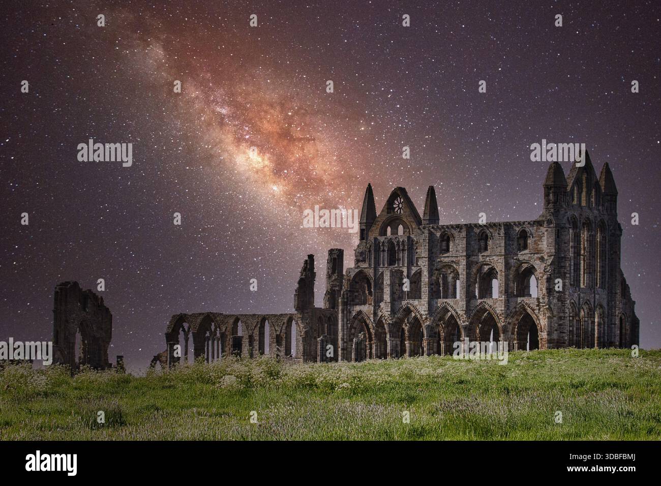 A Night View Of An Ancient, Ruined Abbey With The Milky Way Galaxy ...