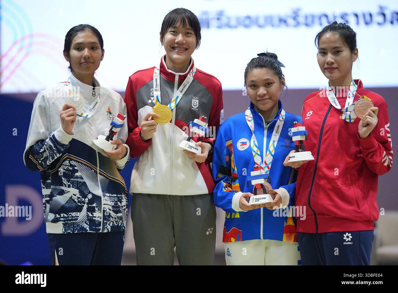 Singapore's gold medallist, Jie Min Juliet Heng, second left, Thailand's silver medallist ...