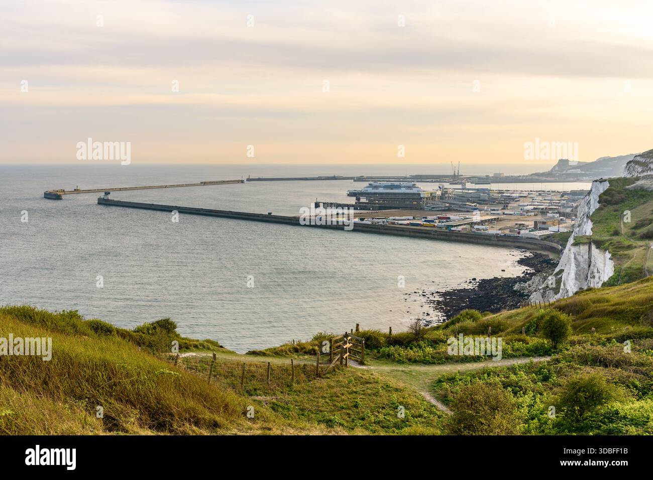 View of port of Dover from the top of a cliff at sunset in spring.A ...