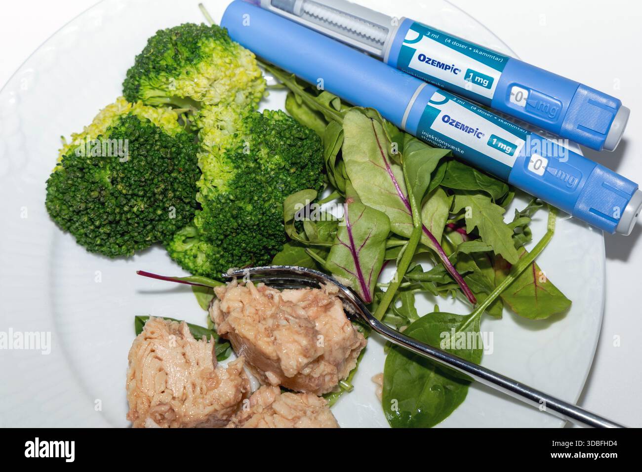 Medical diet concept featuring tuna salad broccoli and Ozempic ...