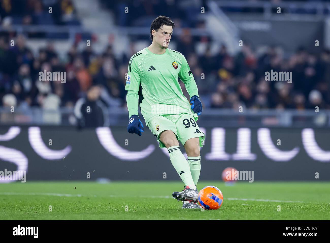 Roma's Belgian goalkeeper Mile Svilar controls the ball during the ...