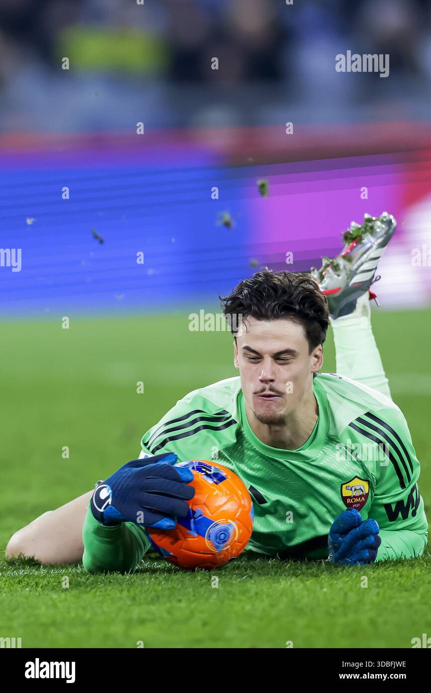 Roma's Belgian goalkeeper Mile Svilar controls the ball during the ...