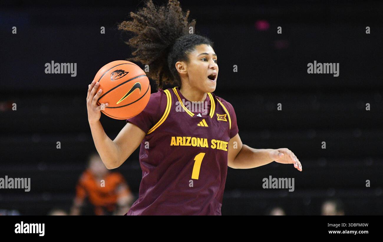 Arizona State guard Amaya Williams (1) dribbles against Oregon State ...