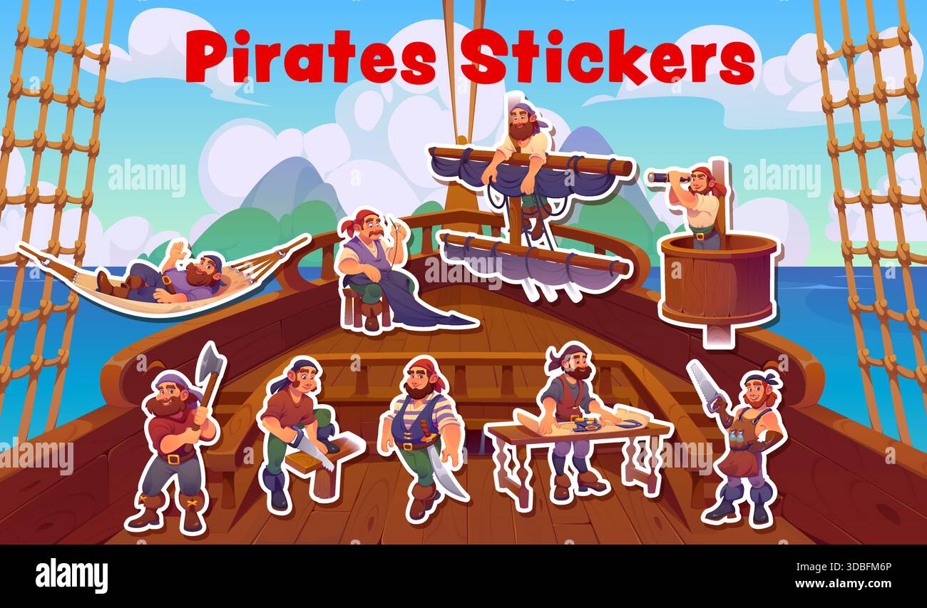 Pirate ship crew characters stickers pack on sail boat deck vector ...
