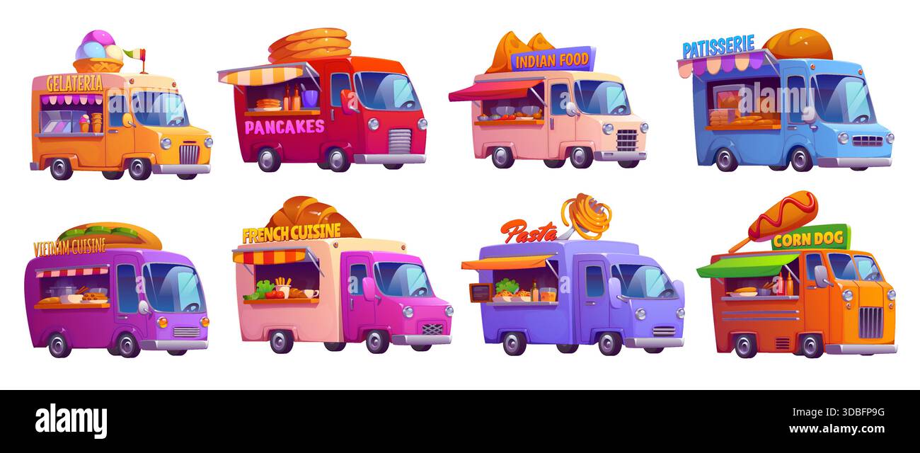 Cartoon food truck cars. Vector vintage festival street foodtrucks and ...