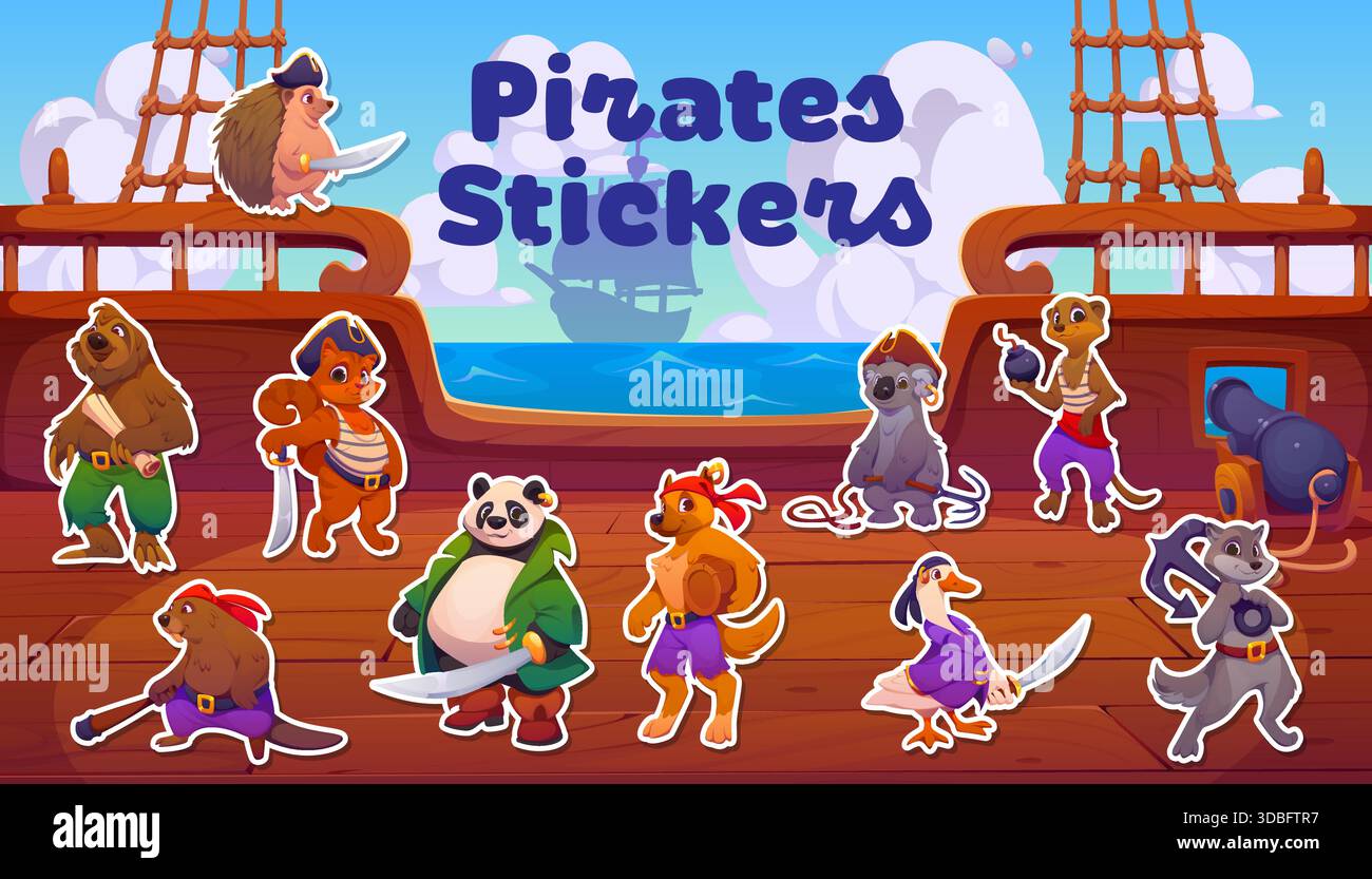 Animal pirate crew characters on ship deck vector stickers pack ...